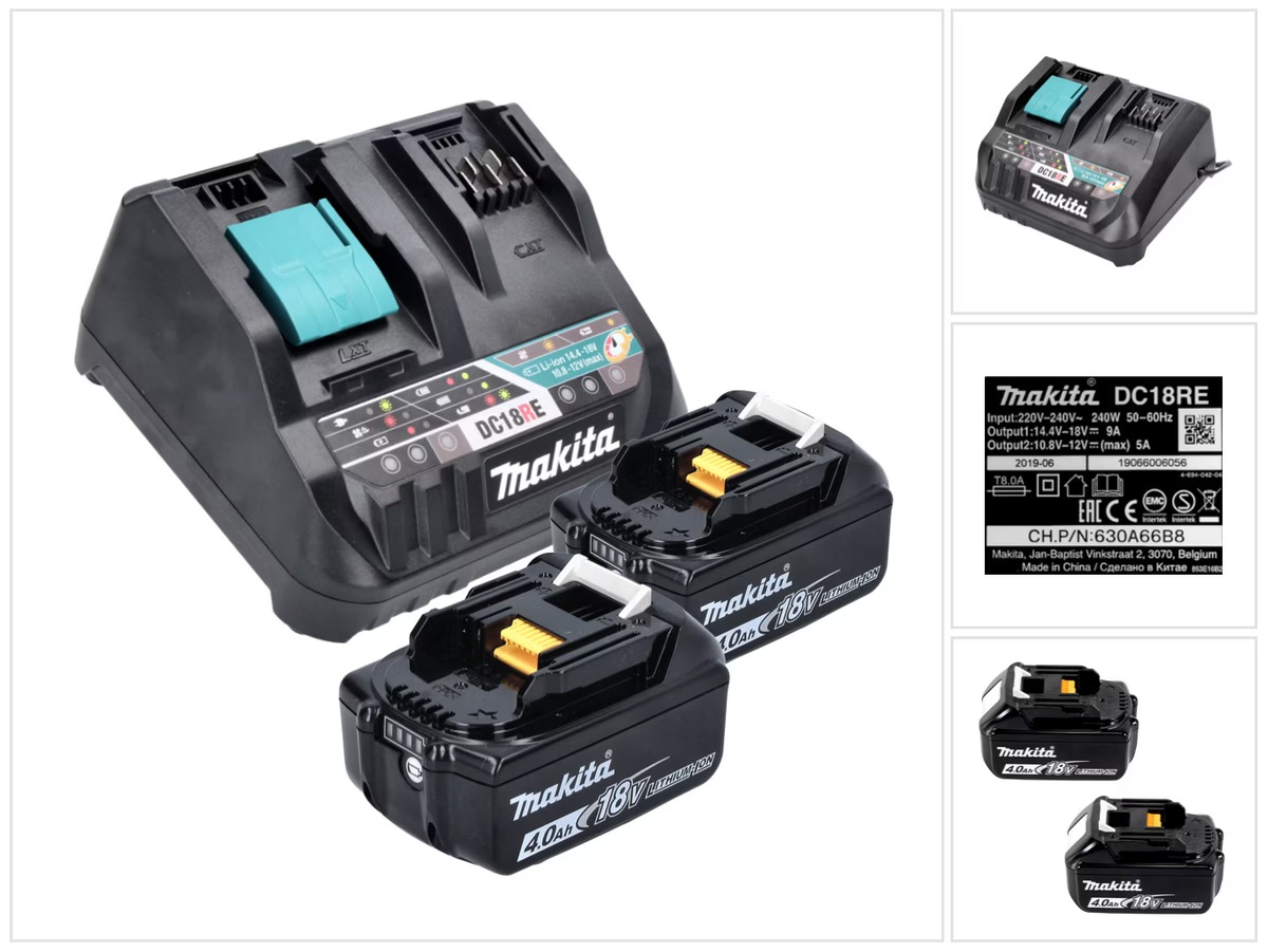 Makita Kit Power Source 18 V avec 2x BL 1840 B batterie 4,0 Ah ( 2x 197265-4 ) + DC 18 RE Multi ...