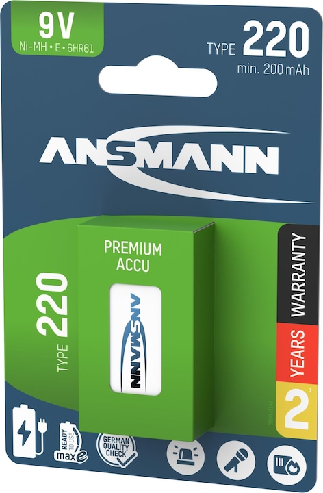 Ansmann NiMH battery 9V E-Block type 220 (min. 200 mAh) maxE 1er (1 pcs ...